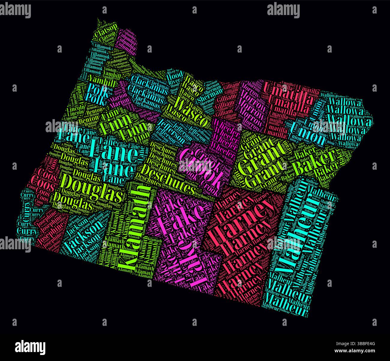 Oregon Regions Word Clouds. Bright typographic style design on a dark ...