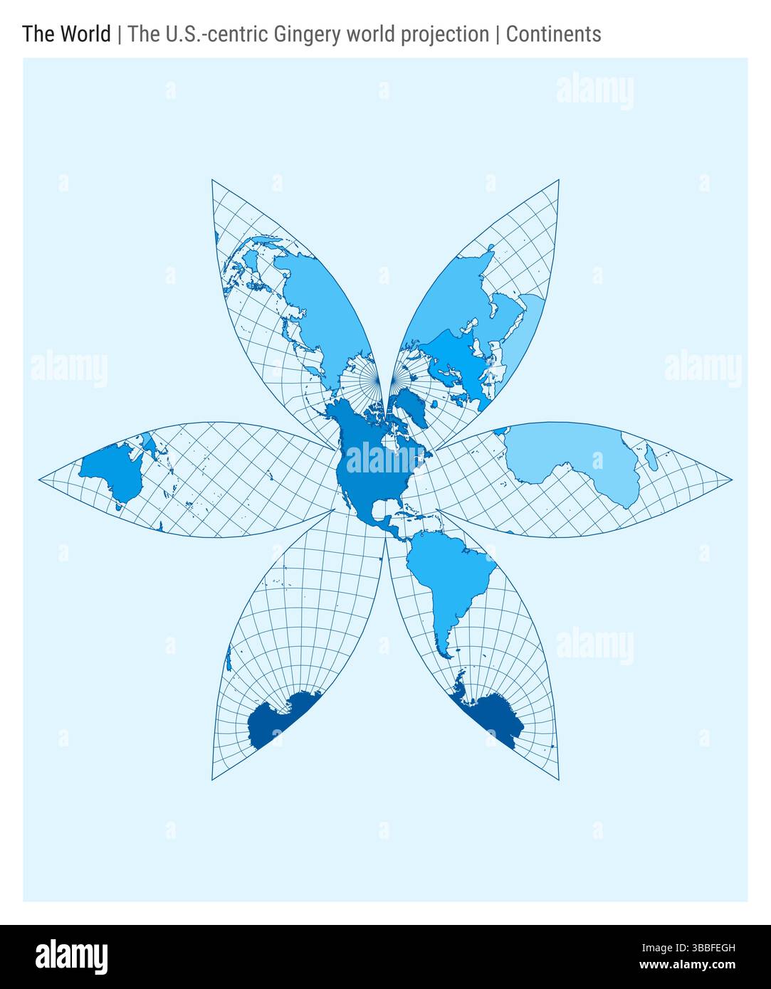 World Map. The U.S.-centric Gingery world projection. Continents style ...