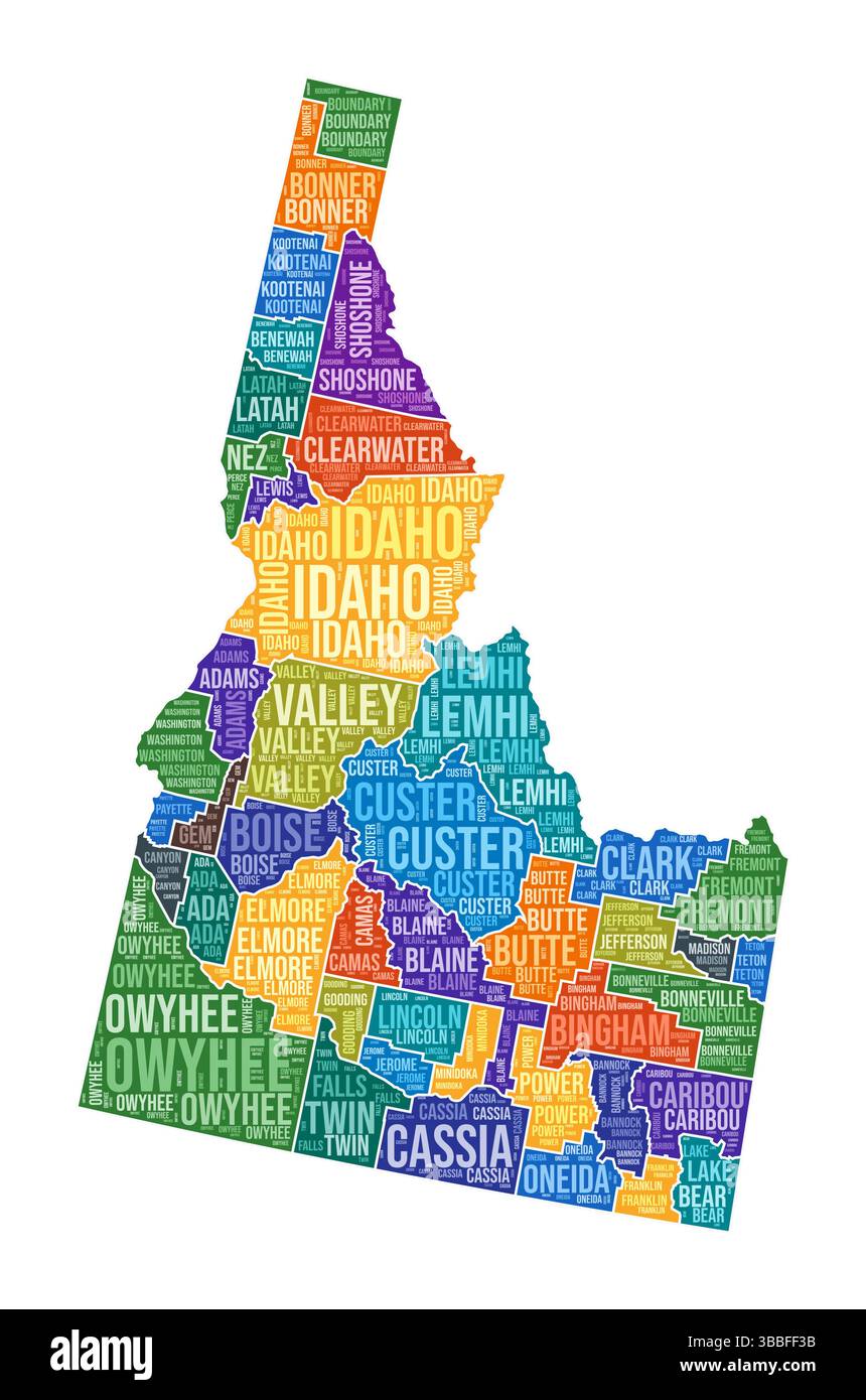 Idaho shape. State word cloud with county division. Idaho colored ...