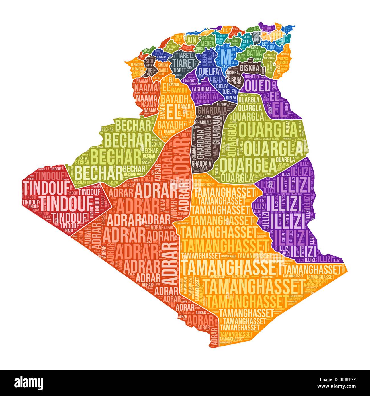 Algeria shape. Country word cloud with region division. Algeria colored ...