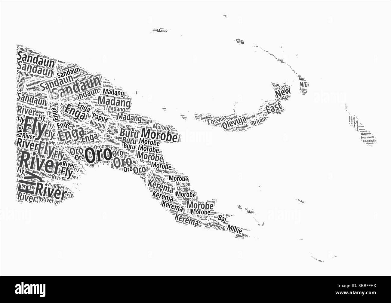 Papua New Guinea Text Style Regions. Country region names word clouds ...
