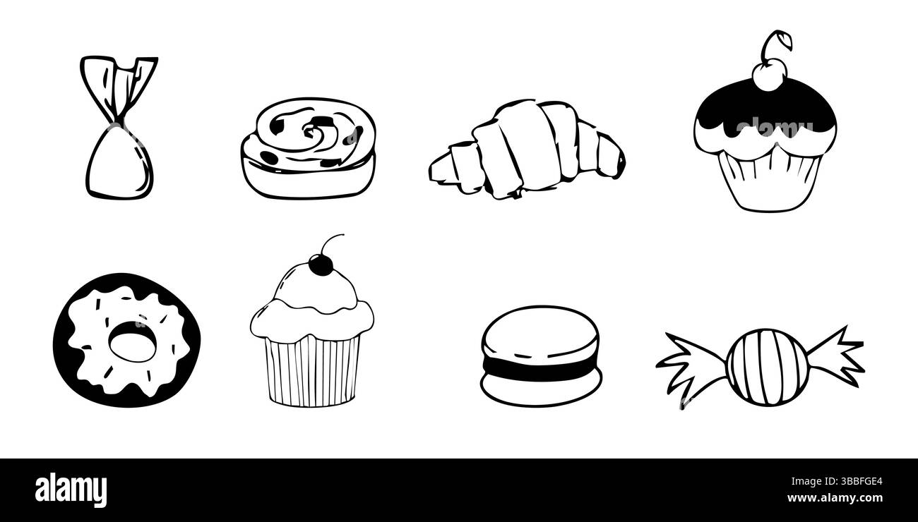Dessert doodle icon set, breakfast bun, donut cupcake and candies ...