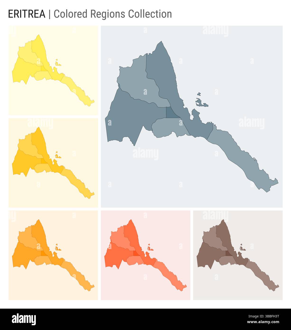 Eritrea map collection. Country shape with colored regions. Blue, Grey, Yellow, Amber, Orange ...