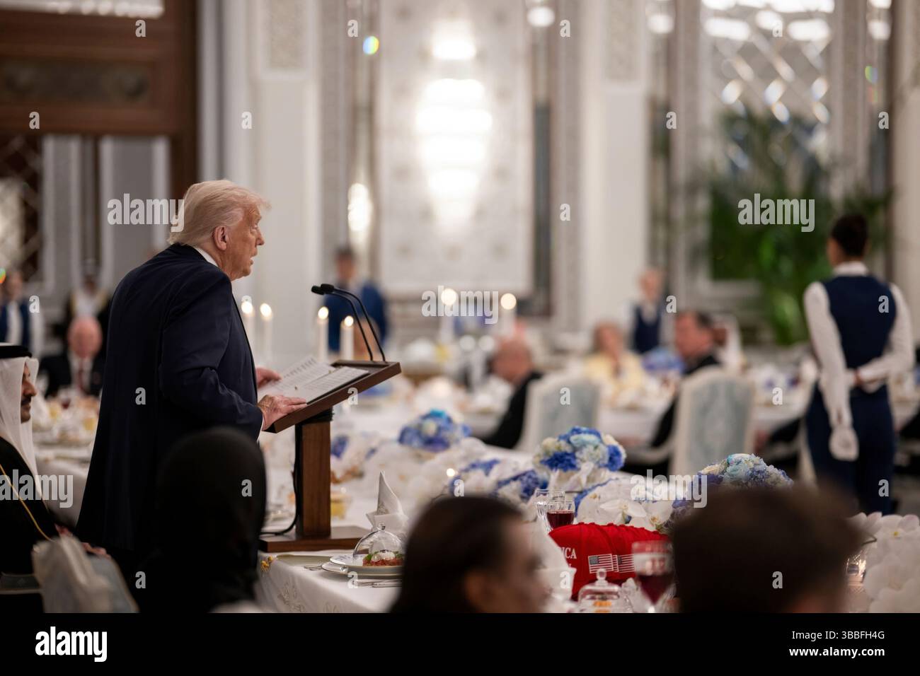 President Donald Trump gives remarks during an official State Dinner at ...