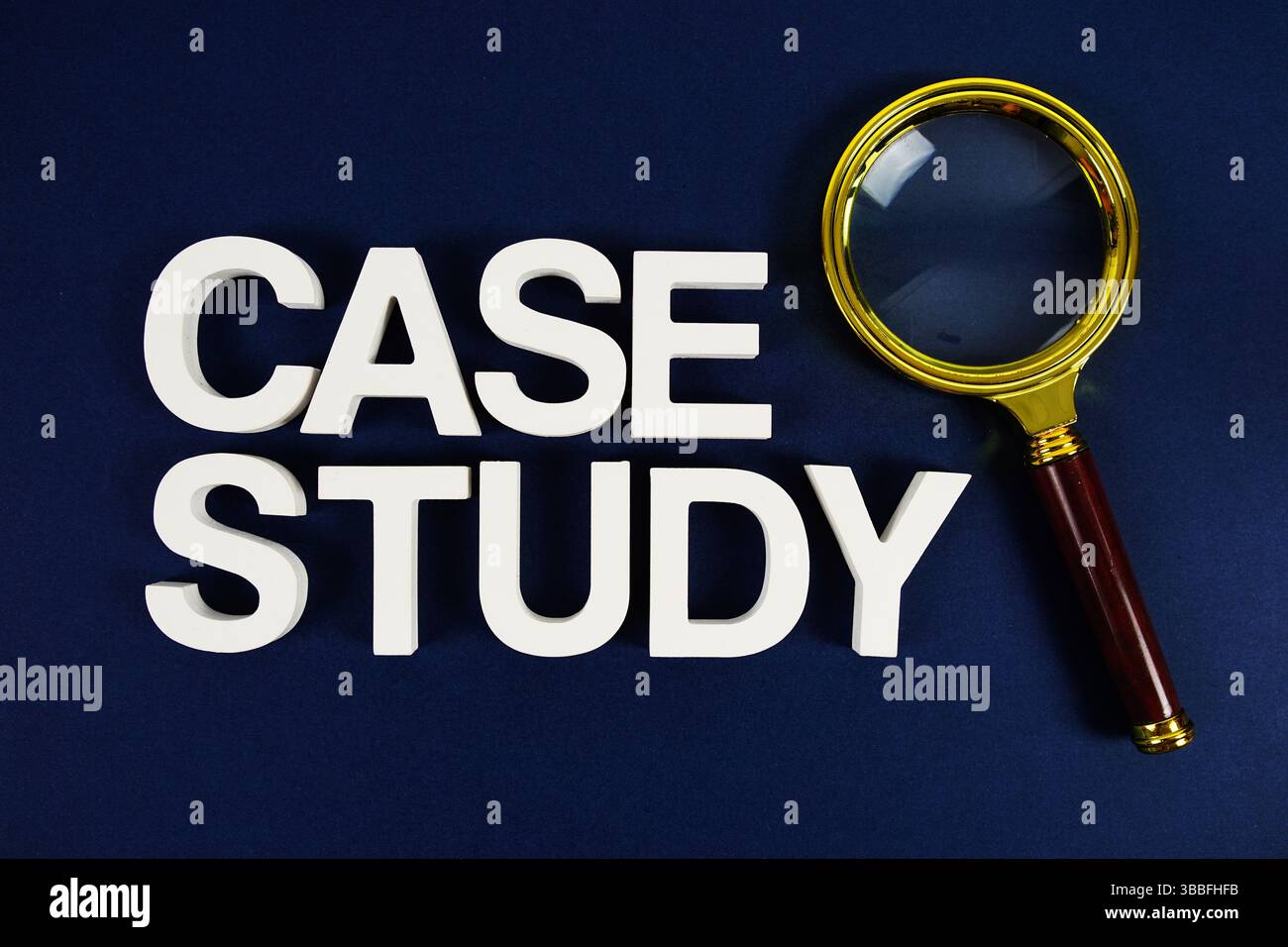 Case Study text message and magnifying glass on navy blue background ...