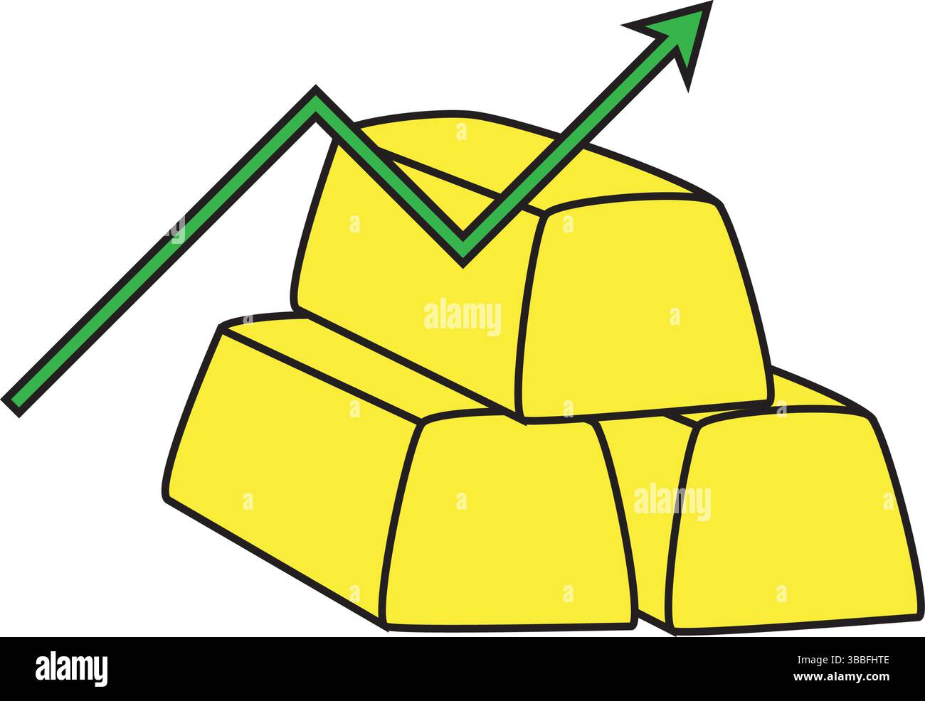 Gold price increase, vector flat illustration of increasing gold price arrow chart, isolated on ...