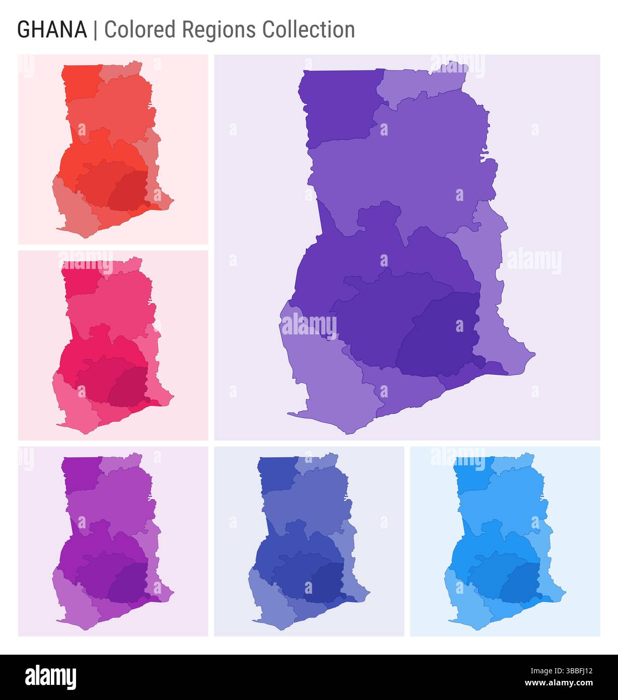 Ghana map collection. Country shape with colored regions. Deep Purple ...