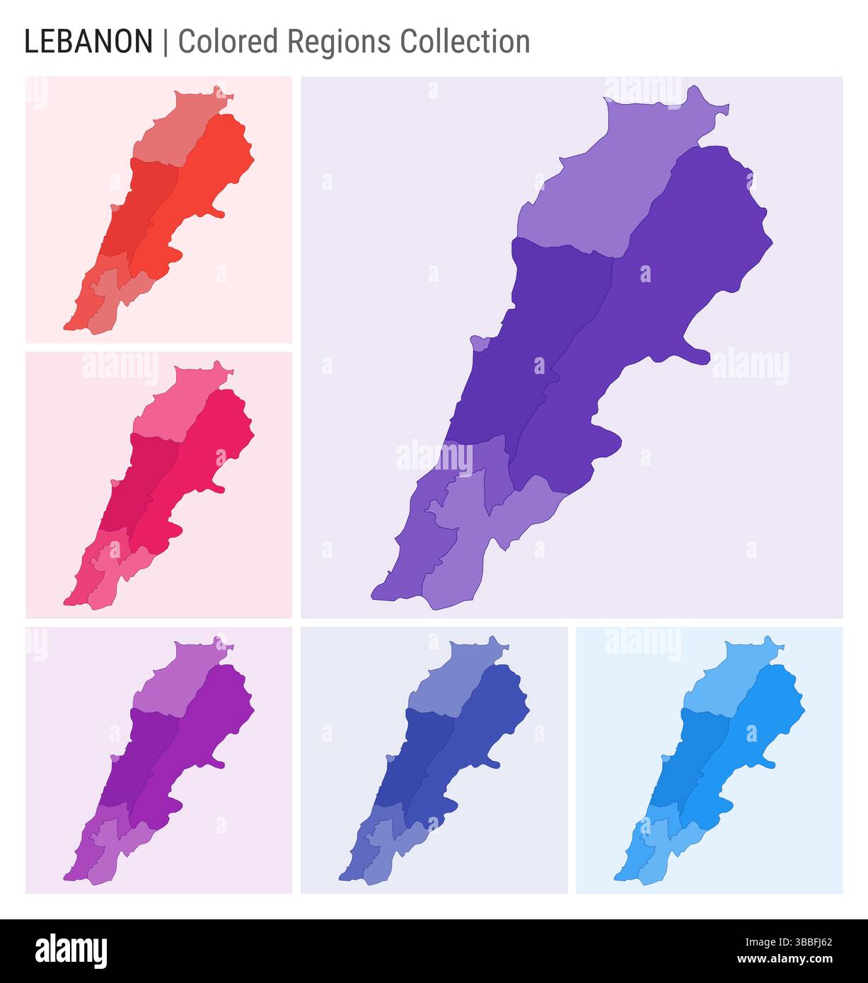 Lebanon map collection. Country shape with colored regions. Deep Purple ...