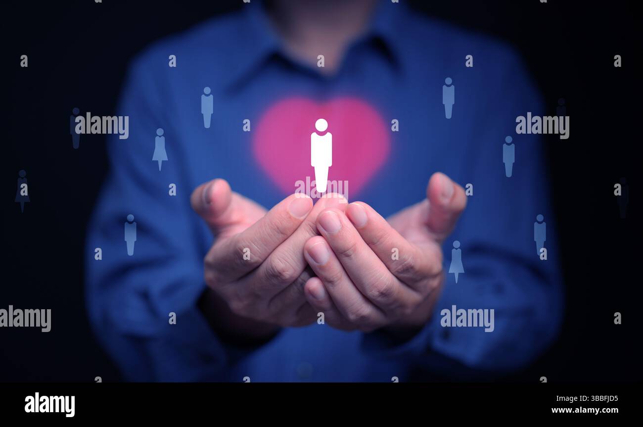 Customer Care Concept. A person holding protected customer icon in a ...