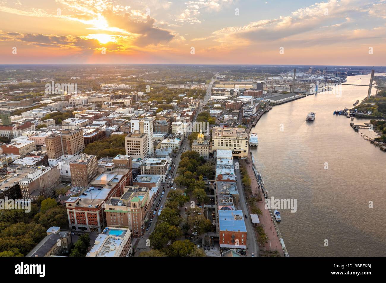 Aerial view of River Street in Savannah, Georgia. American city old ...