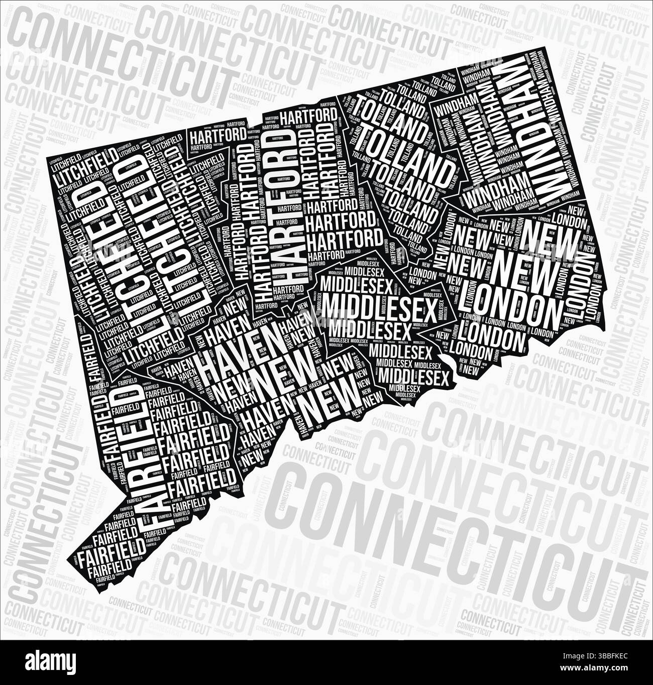 Connecticut counties map word cloud. Connecticut region names. Black ...