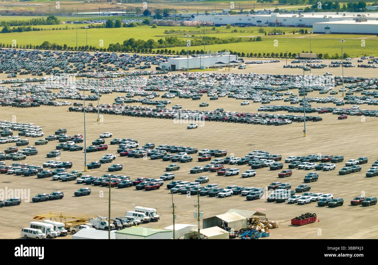 Cars parked ready for sale on automotive factory parking lot Stock ...