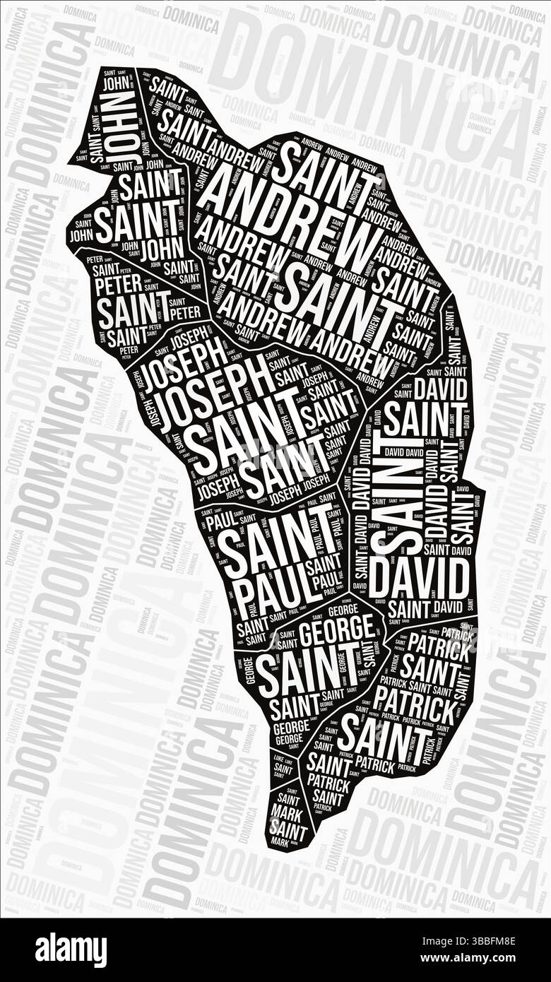 Dominica regions map word cloud. Dominica region names. Black and white ...
