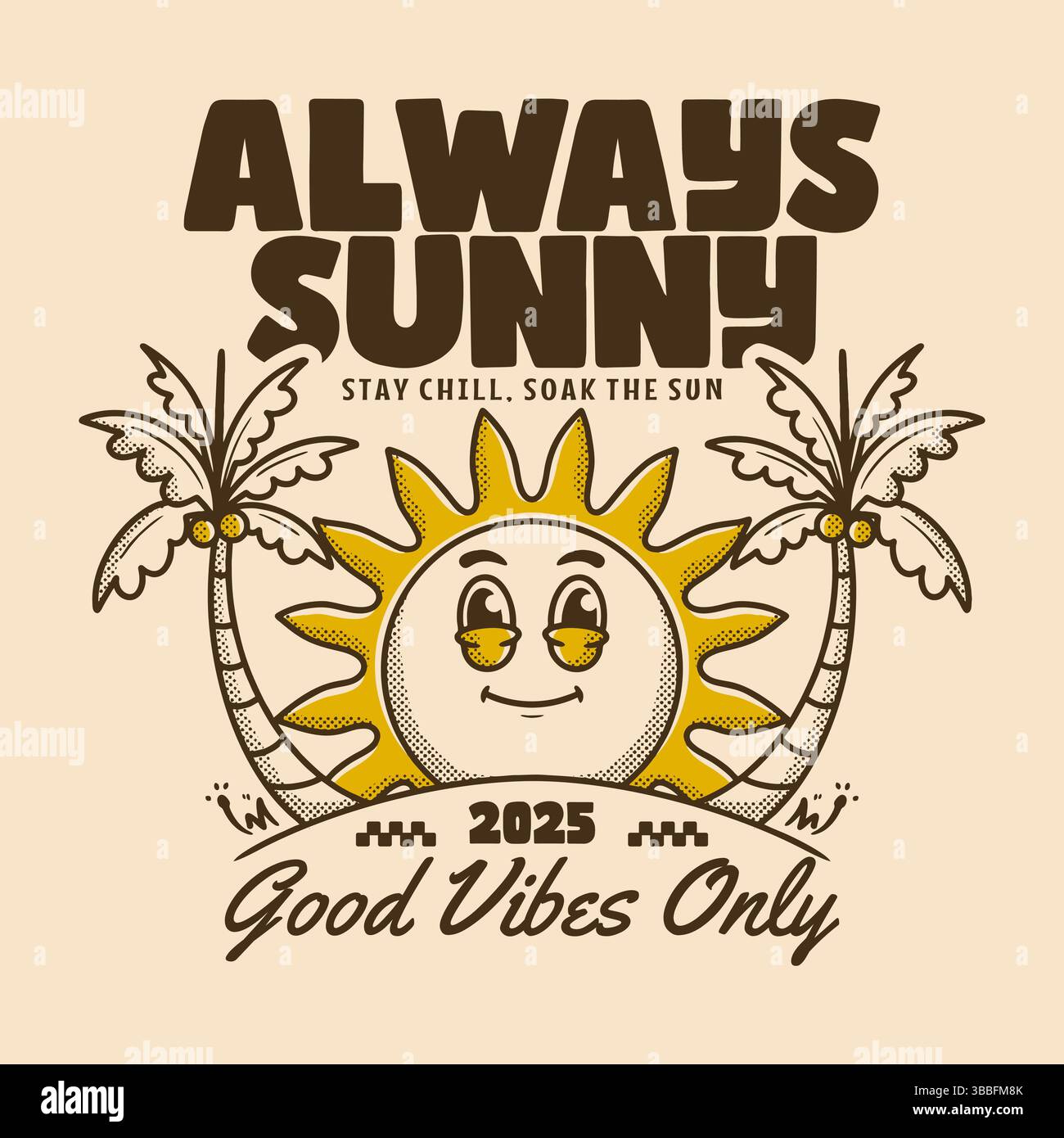 A cheerful sun and palm tree illustration perfect for casual wear and ...