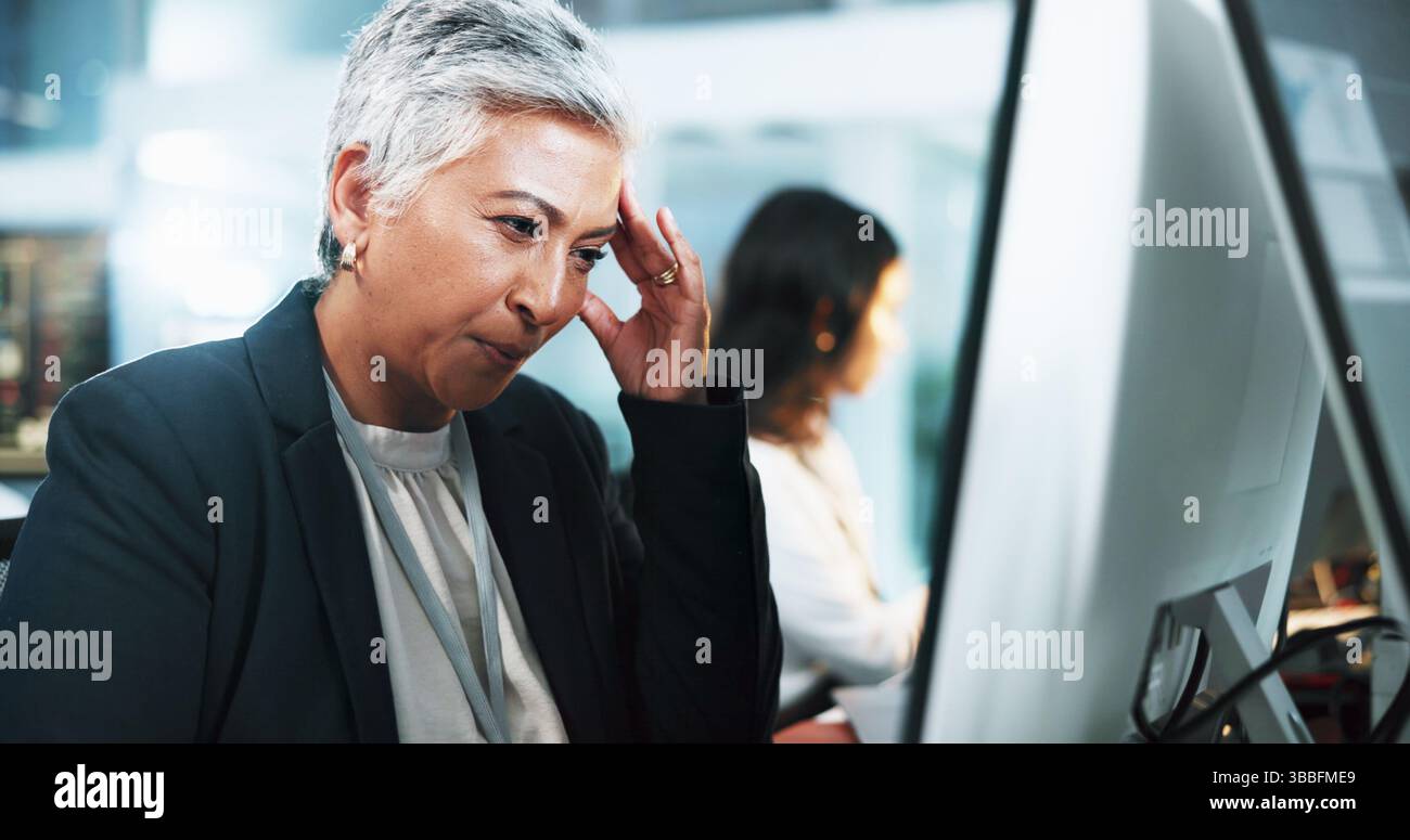 Mature woman, headache and stress with computer for mistake, difficult ...