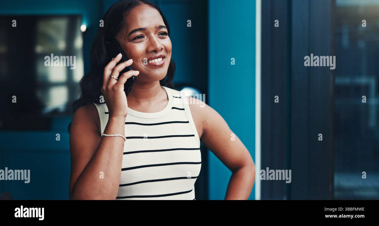 Office, businesswoman and editor with phone call for thinking, talking ...