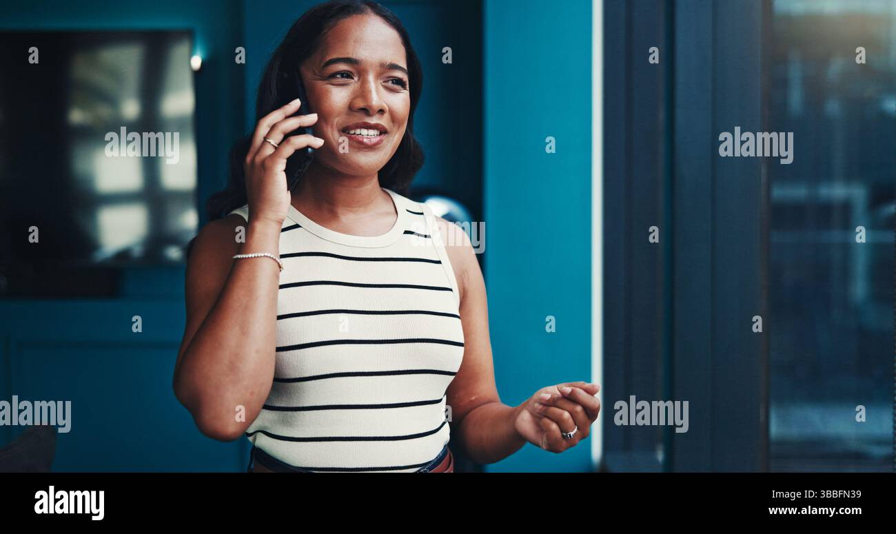 Office, businesswoman and editor with phone call for communication ...