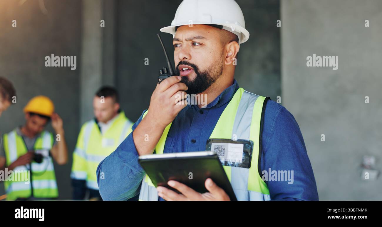 Building, radio and tablet with developer man on site for civil ...