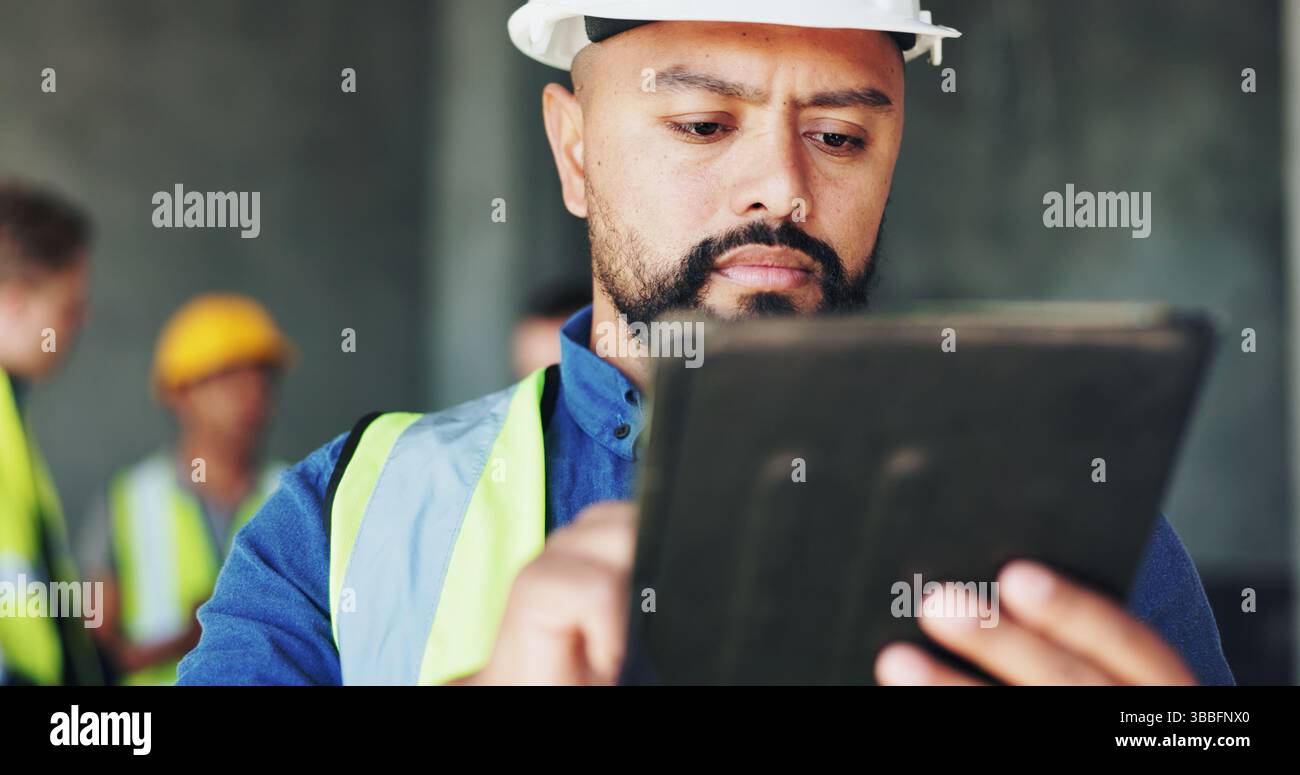 Building, civil engineering and tablet with construction worker man on ...