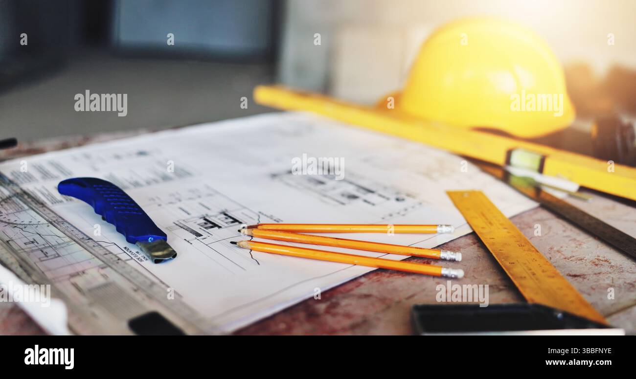 Architecture, blueprint and drawing tools on table for renovation ...