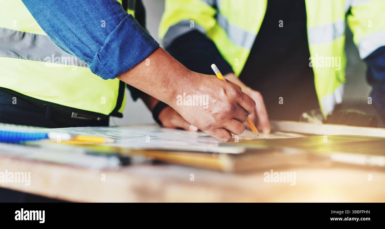 Collaboration, hands and writing with construction worker people ...