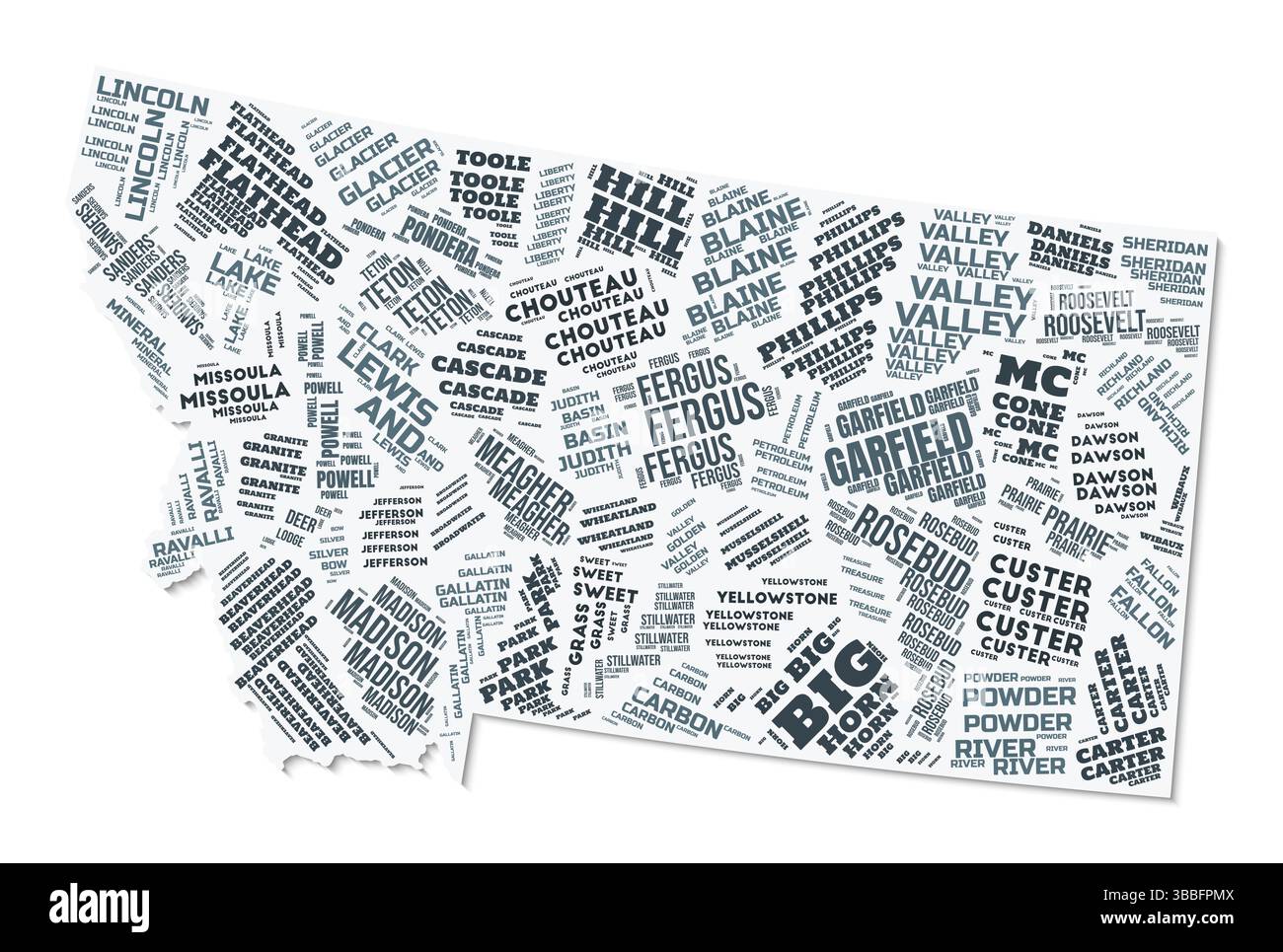 Montana shape text cloud. State border with shadow on white background ...