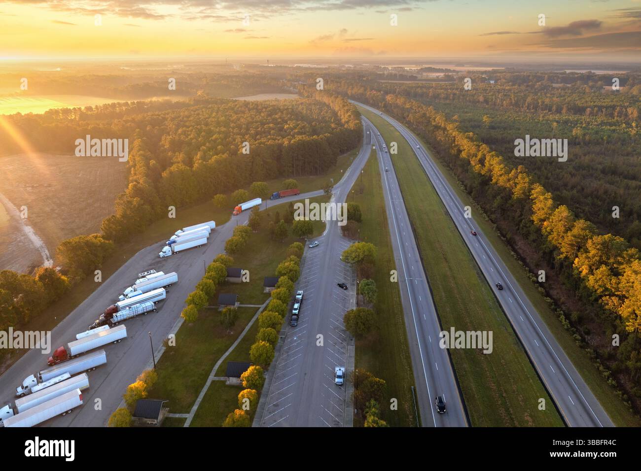 Truck stop at state welcome center near busy American interstate ...