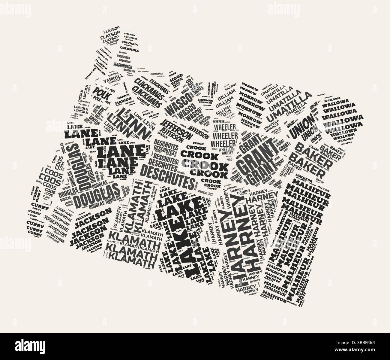 Oregon Word Cloud. State with counties division. Oregon typographic ...