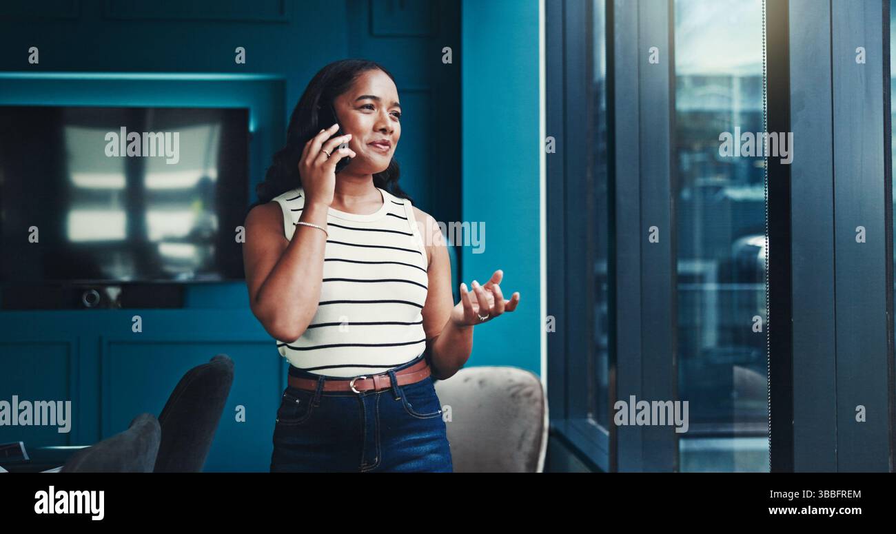 Office, businesswoman and journalist with phone call for talking ...