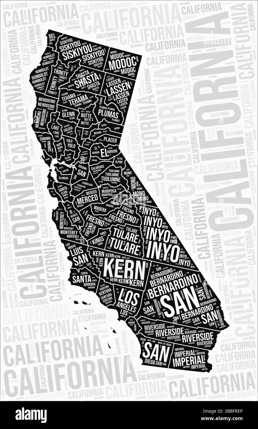 California counties map word cloud. California region names. Black and white map design ...