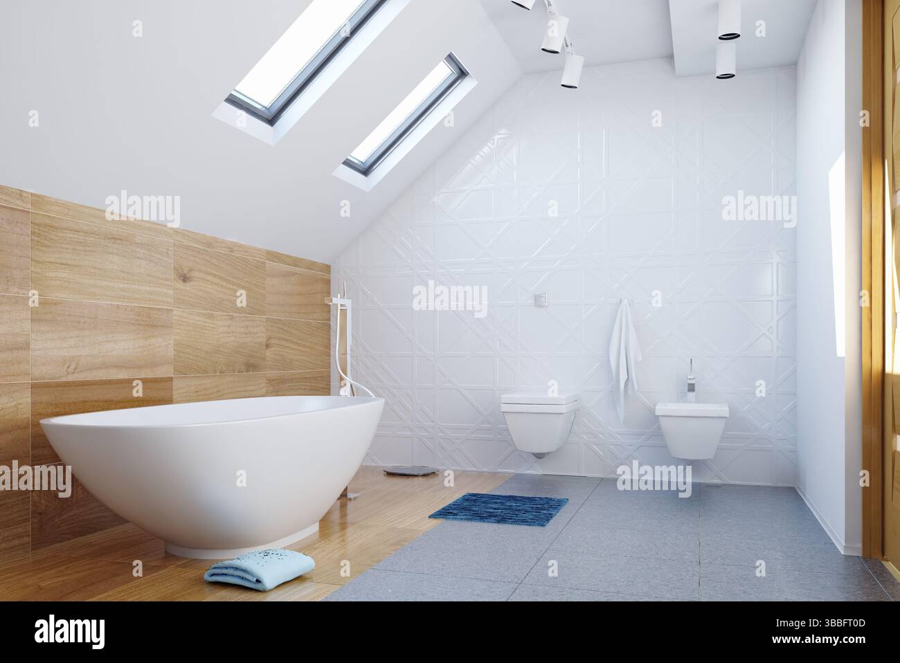 Clean white bathroom featuring modern design and skylight above. 3d ...