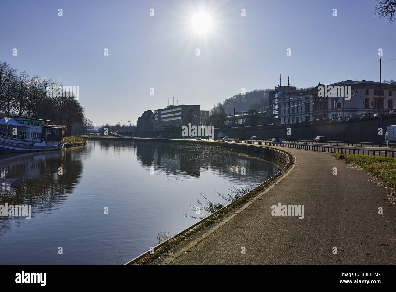 River Saar, footpath and cycle path, riverbank, trees, general ...