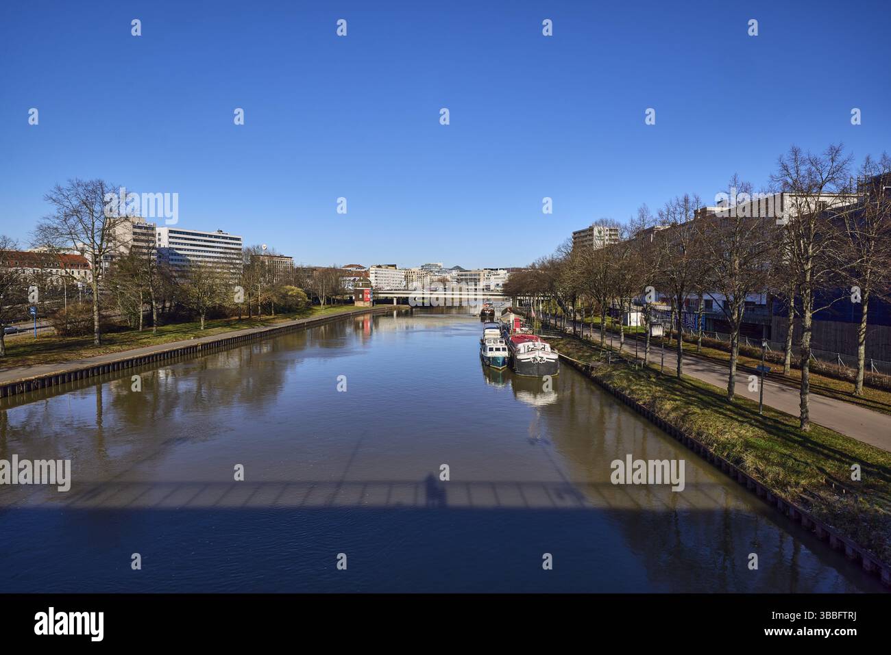 River Saar, general development, trees, car and pedestrian bridge ...
