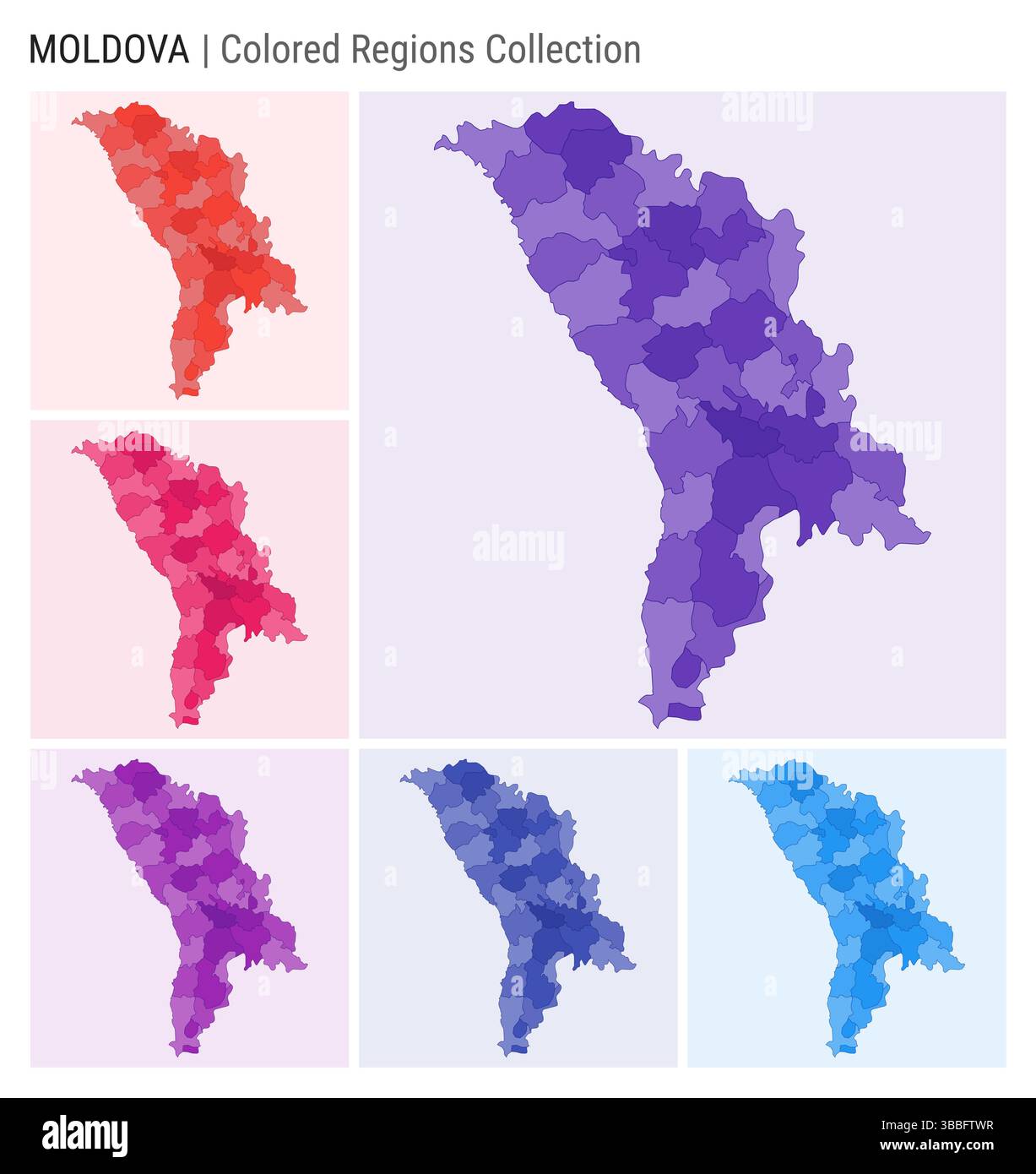 Moldova map collection. Country shape with colored regions. Deep purple ...