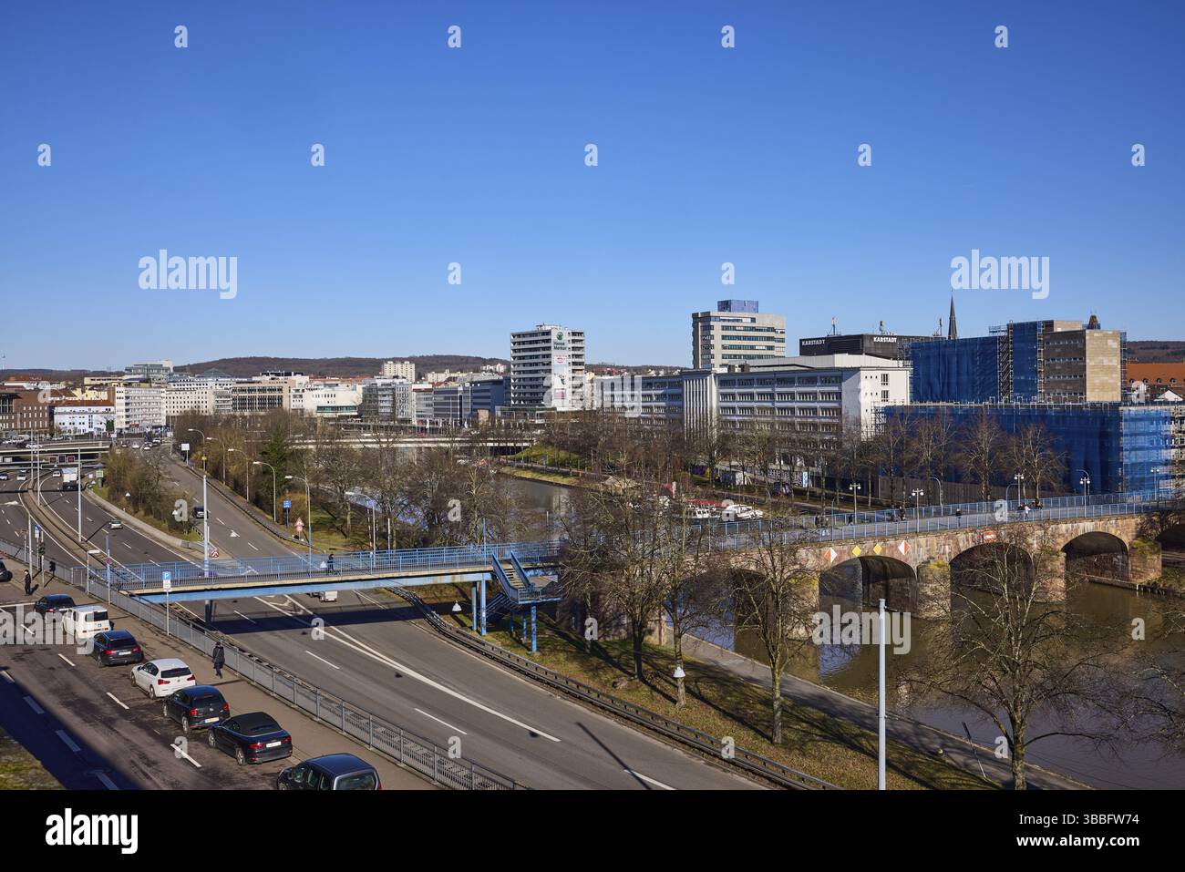 River Saar, streets, motorway exit, pedestrian bridge, trees, general ...
