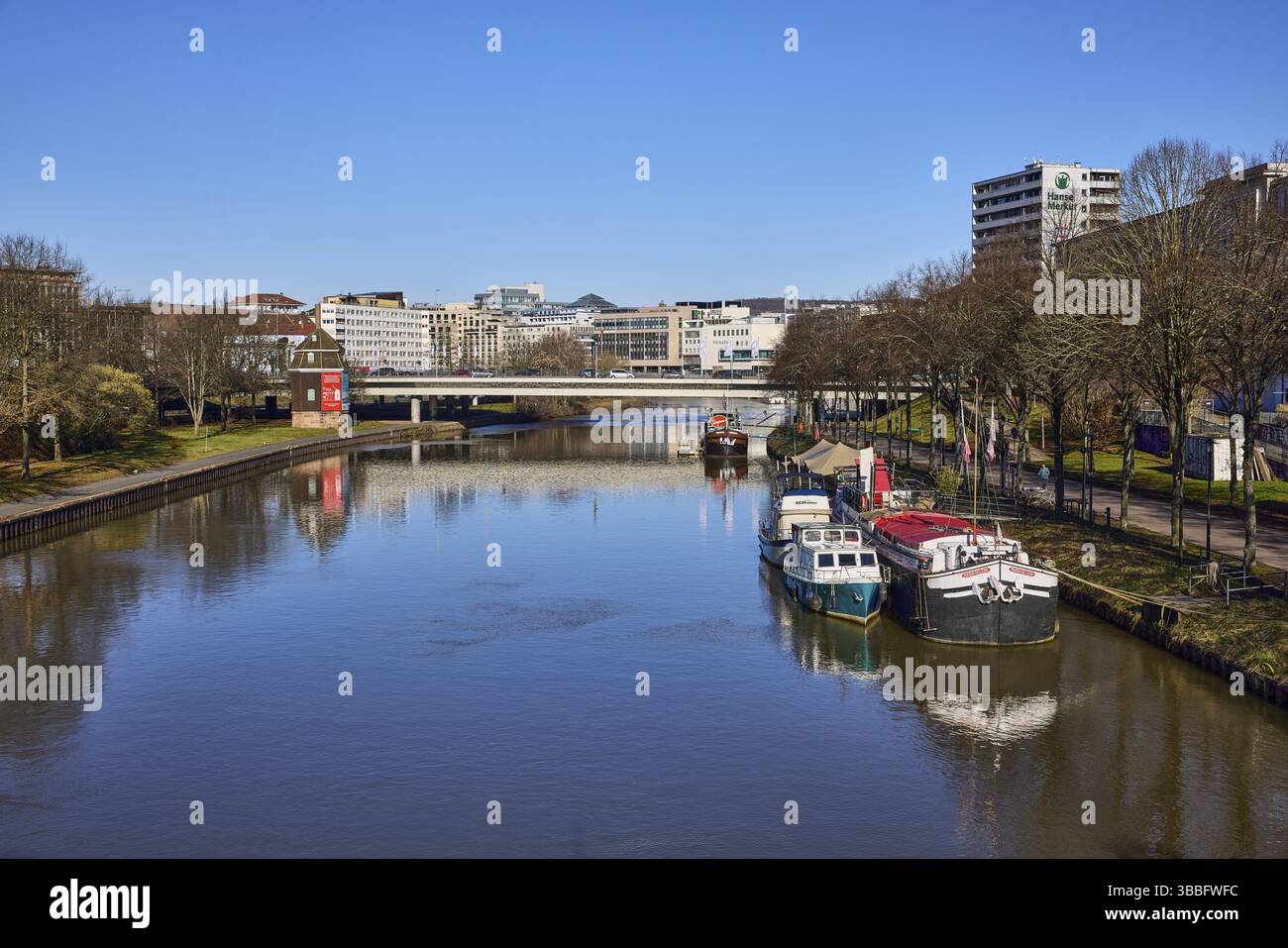 River Saar, general development, trees, car and pedestrian bridge, bank ...