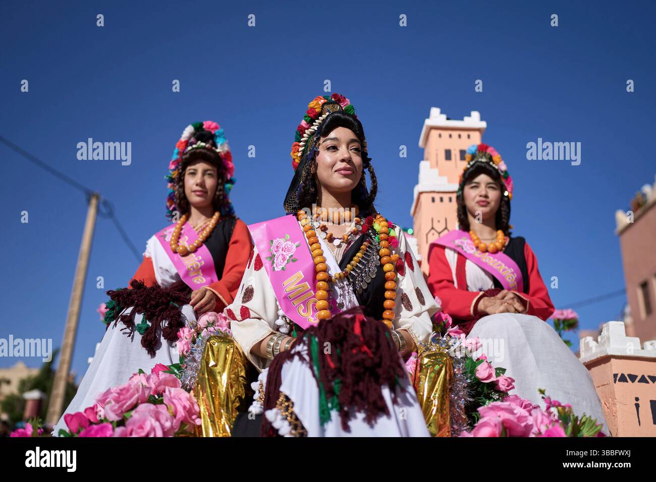 Winners of the Miss Rose beauty pageant join a parade during the annual ...