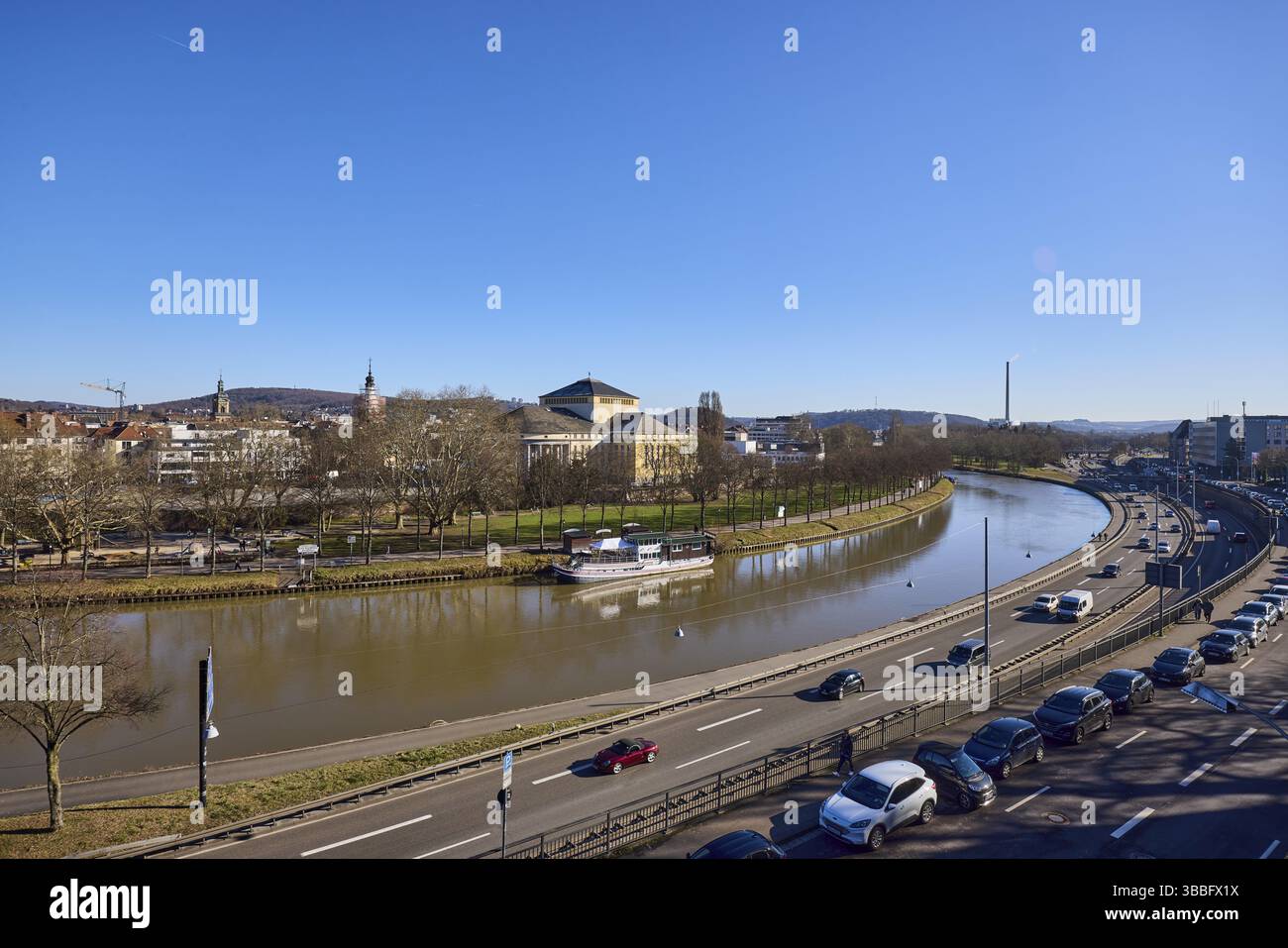 Long shot, Saarland State Theatre, general architecture, Saar river ...