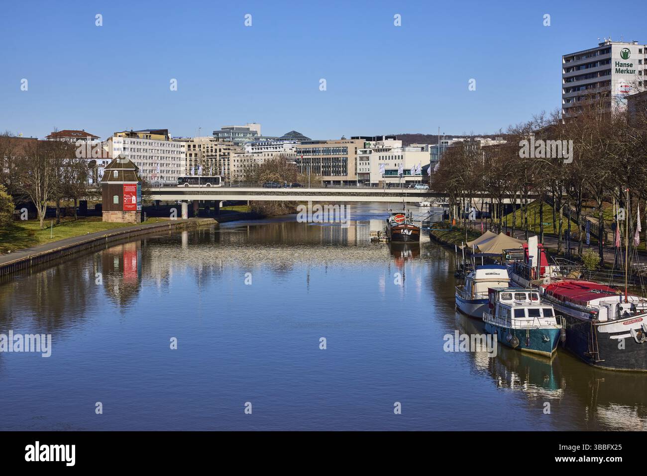 River Saar, general development, trees, car and pedestrian bridge ...