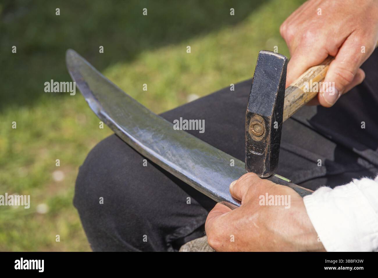 Man peening a scythe blade with a hammer Stock Photo - Alamy
