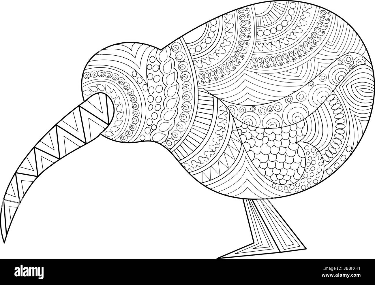 A detailed line drawing of a kiwi bird filled with intricate patterns ...