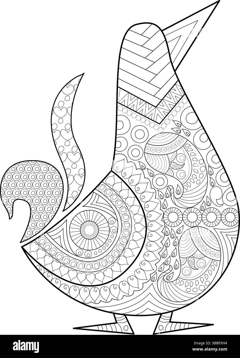 Intricate black and white line art drawing of a stylized bird with ...
