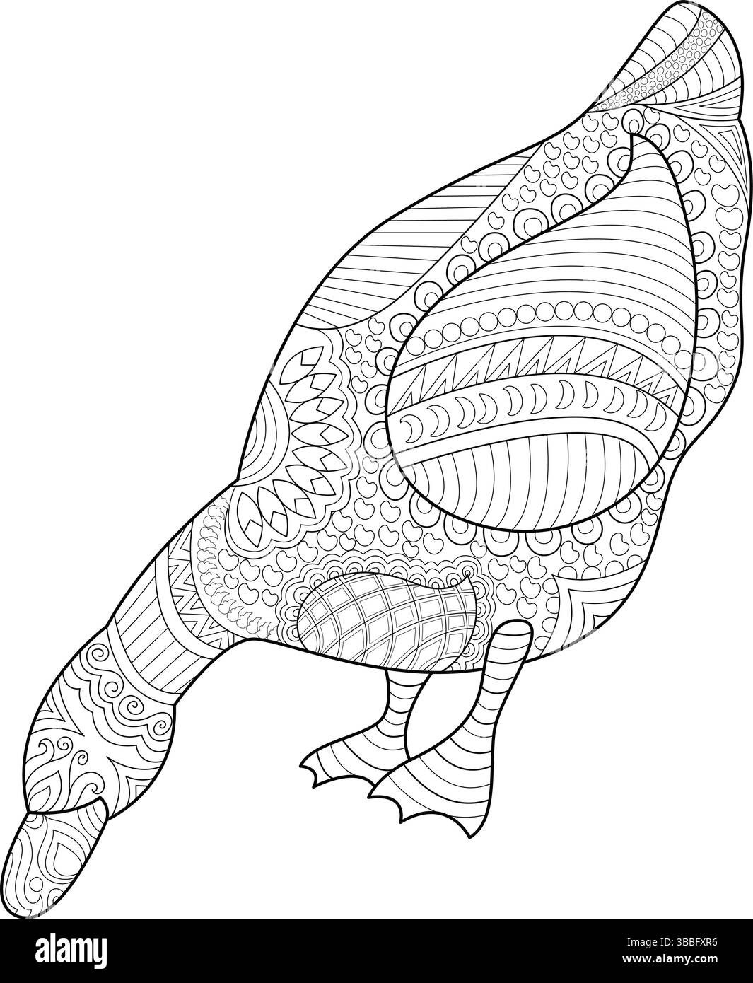Detailed black and white line art illustration of a duck adorned with ...