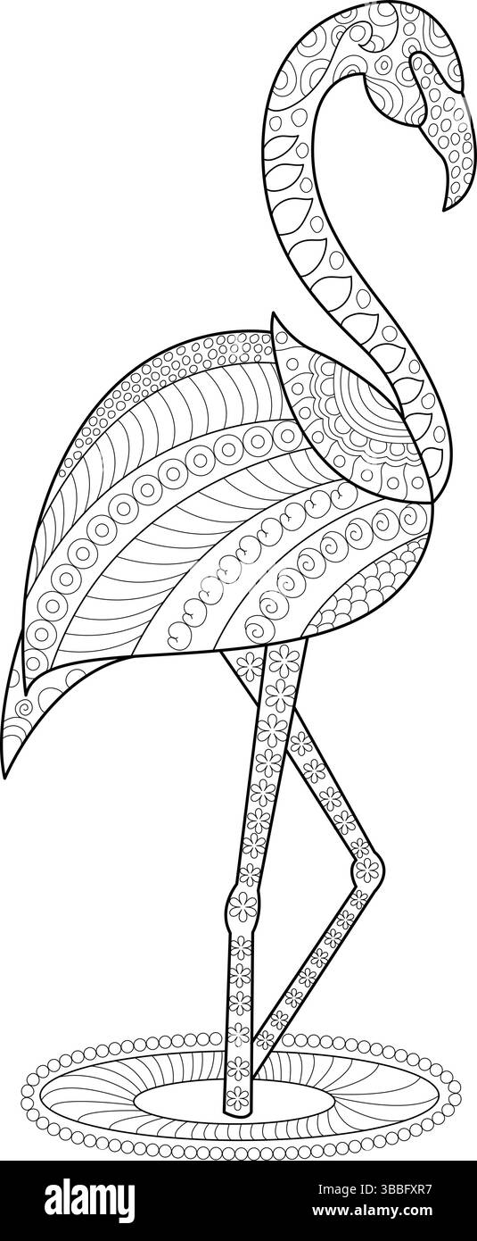 Detailed black and white line art illustration of a standing flamingo ...