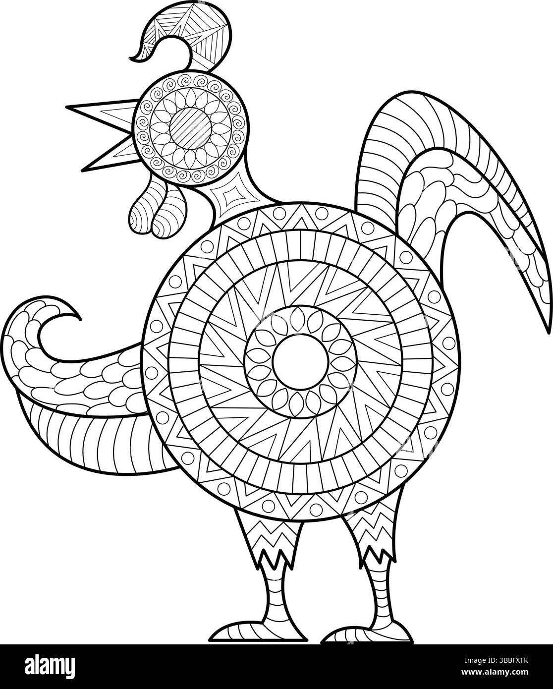 Outline drawing of a stylized rooster adorned with intricate mandala ...