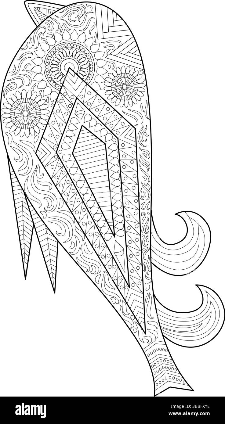 Intricate black and white line art illustration of a stylized bird ...