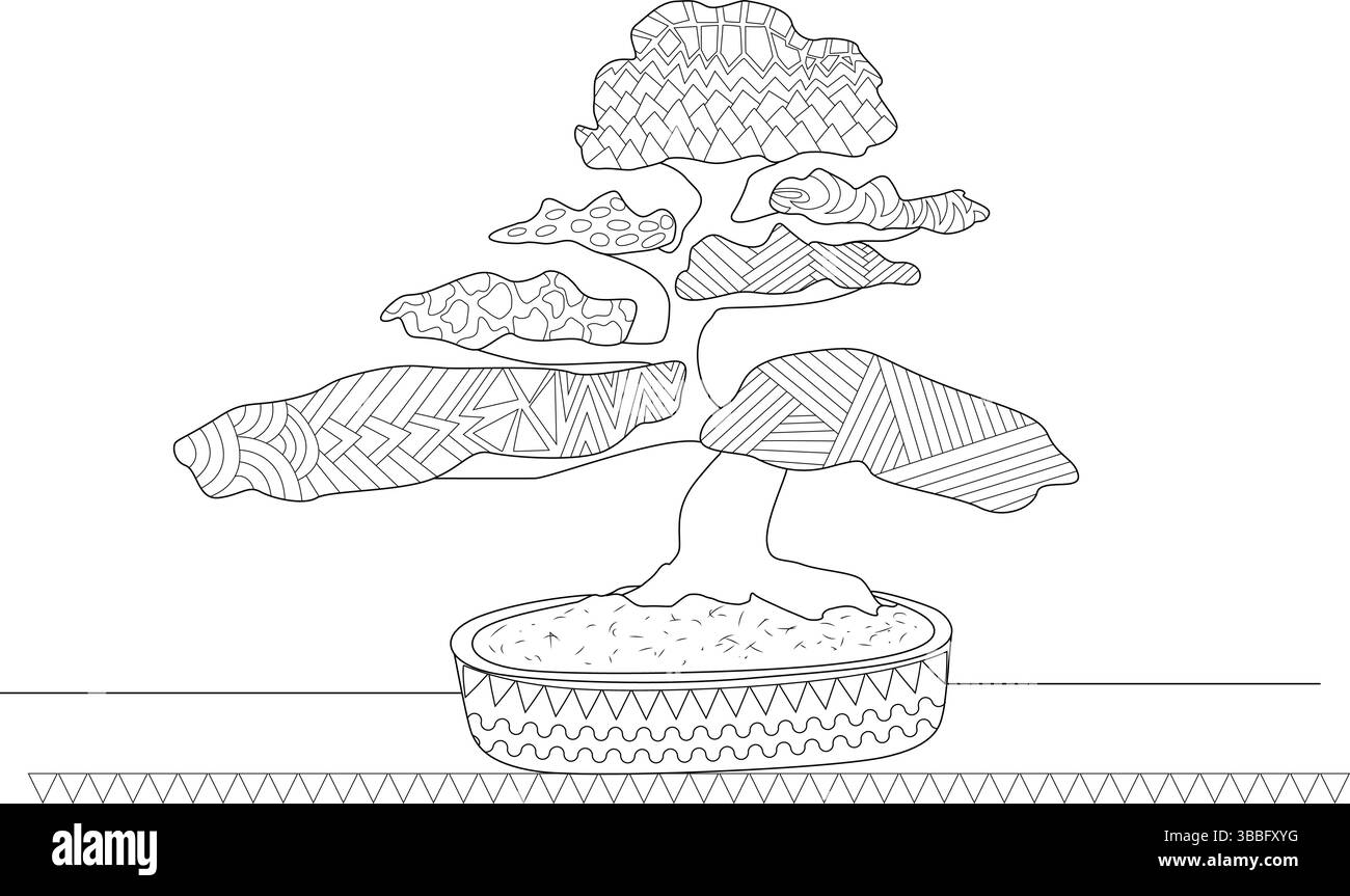 Detailed black and white line drawing of a beautiful bonsai tree in a ...