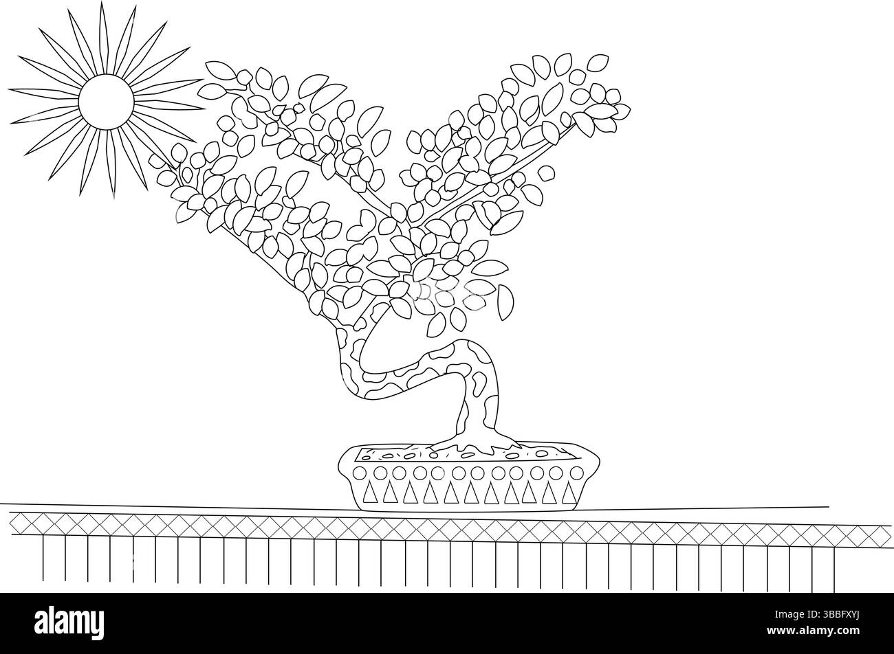 Simple black and white line drawing illustration of a stylized bonsai ...