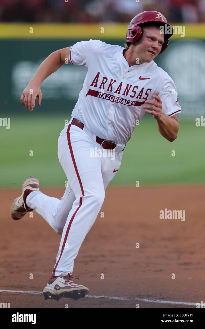 Fayetteville, AR. 15th May, 2025. Reese Robinett (18) of Arkansas ...