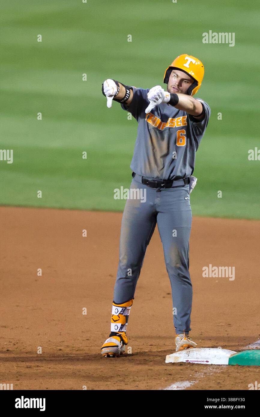 Fayetteville, AR. 15th May, 2025. Gavin Kilen (6) of Tennessee motions ...